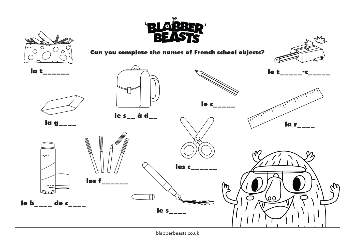 School Words | Worksheet | Blabber Beasts